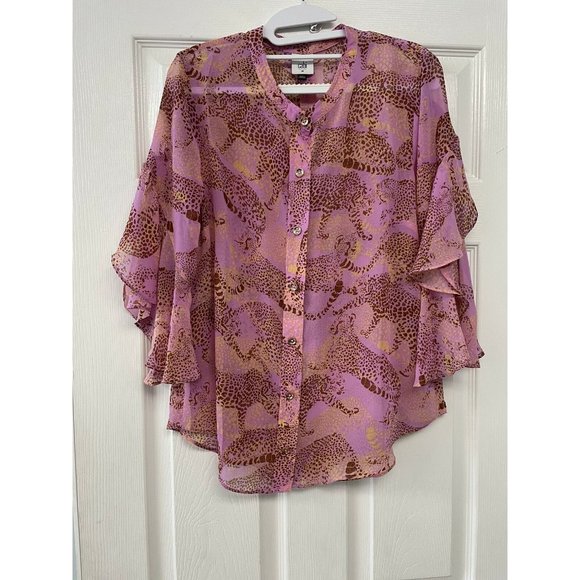 CAbi | Tops | Cabi Minx Pink Leopard Bell Sleeve Blouse Sheer M | Poshmark